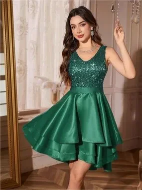 Dresses | Green Sequin Aline Party Dress With Layered Satin Skirt ...